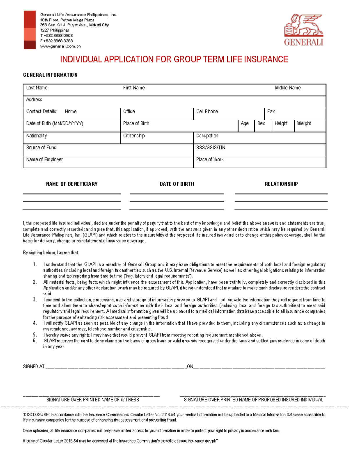 Generali Life Insurance Application Form - Important Disclosure Notes ...