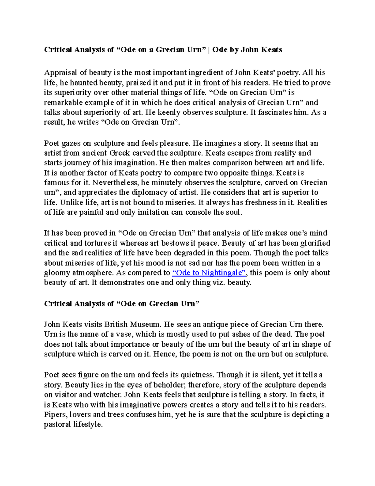 Critical Analysis of ode to urn - Critical Analysis of “Ode on a ...