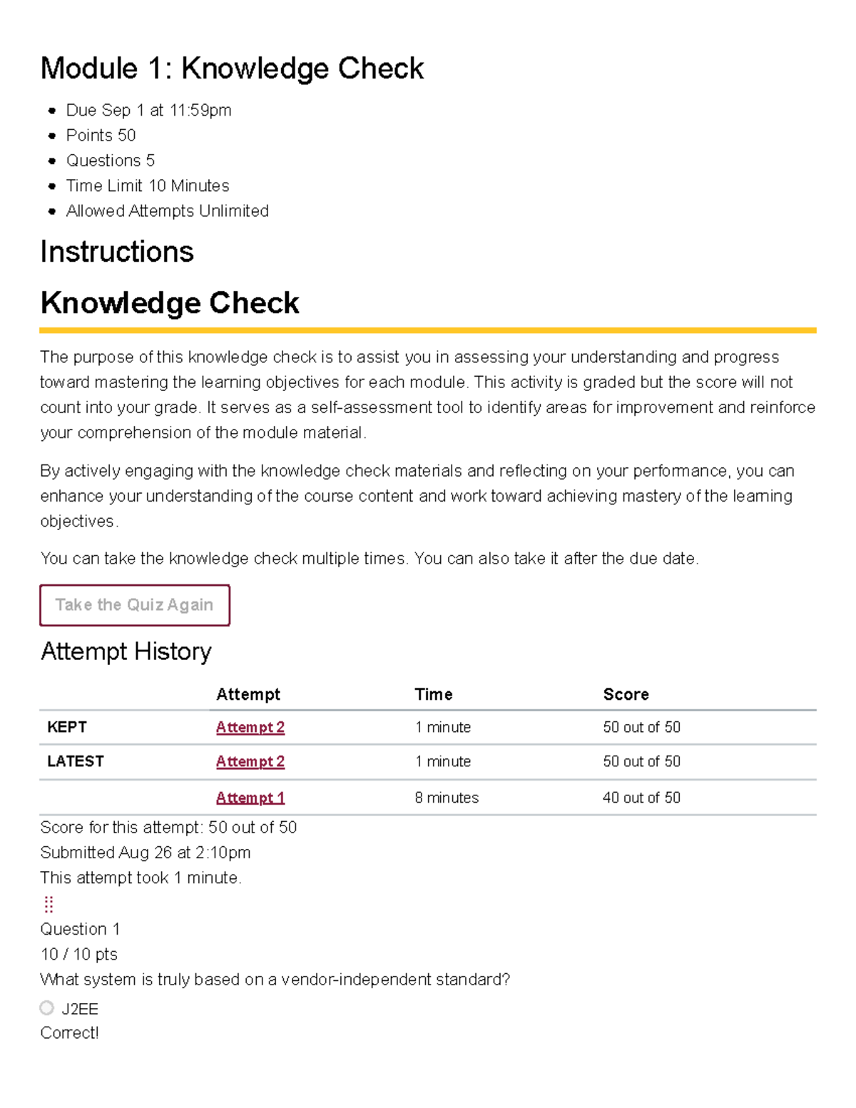 Module 1k - Note - Module 1: Knowledge Check Due Sep 1 at 11:59pm Points 50 Questions 5 Time ...