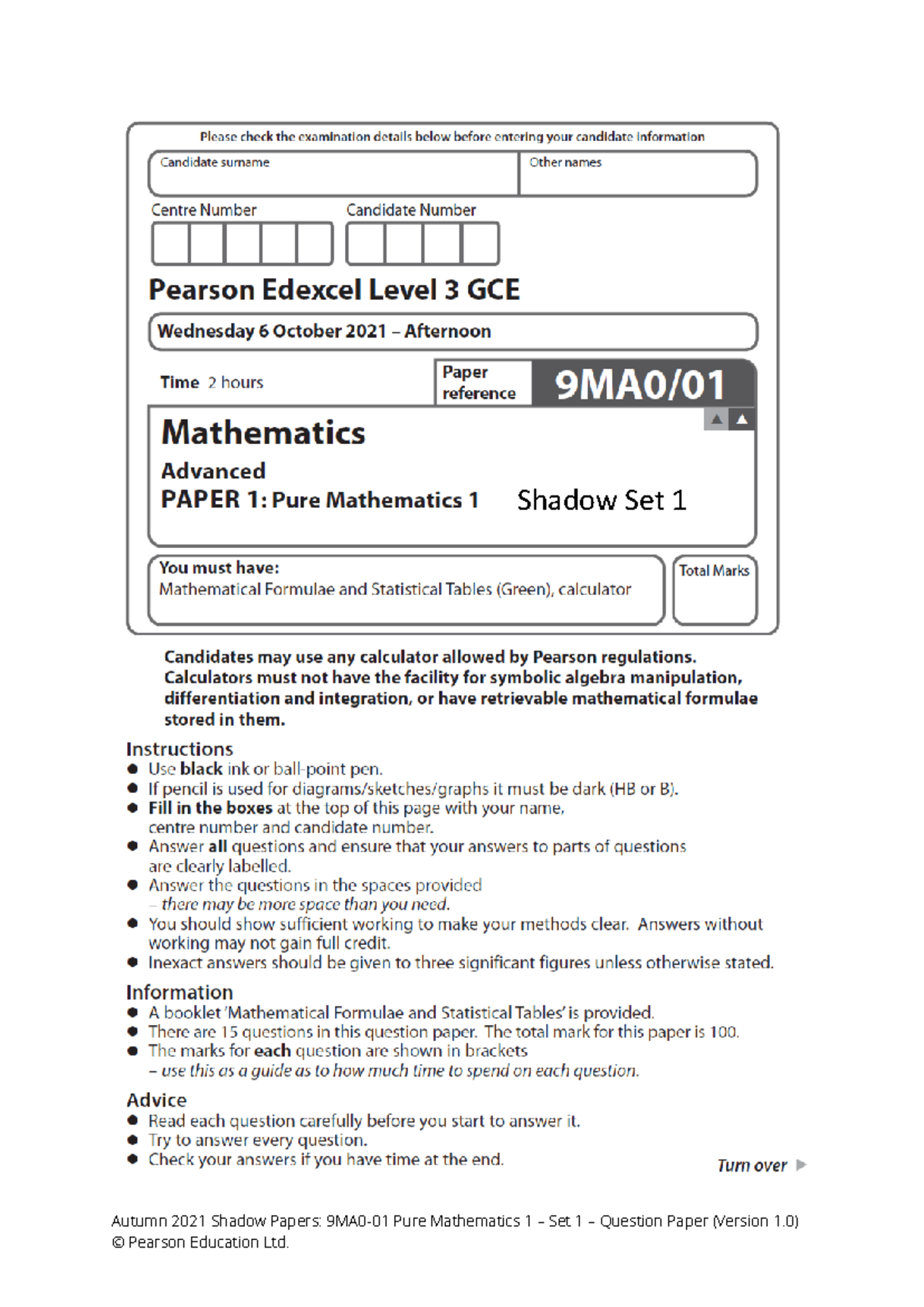 2110 9MA0 01 AL Pure Mathematics 1 Autumn 2021 Shadow Paper Set 1 - Studocu