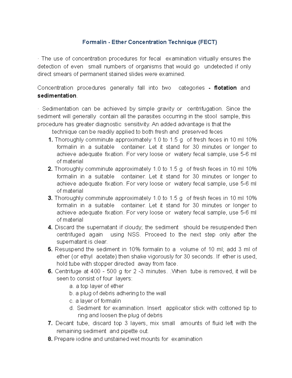 Formalin - Ether Concentration Technique (FECT) Procedure Guide - Studocu