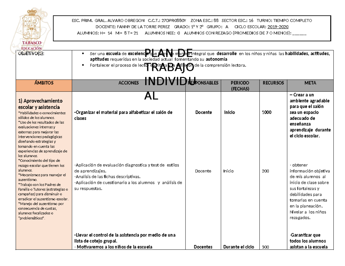 PLAN DE TRABAJO INDIVIDUAL DE FANNY PARA ESC. PRIM. GRAL. 27DPR0880Y ...