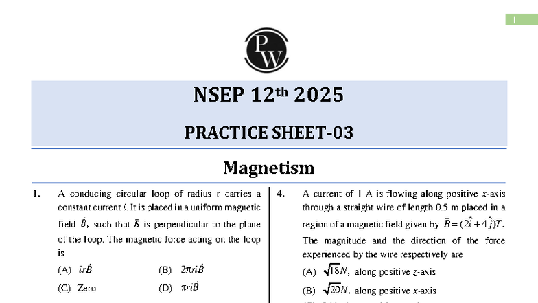 Magnetism Practice Sheet 03 - NSEP 12th 2025 Exam Prep - Studocu