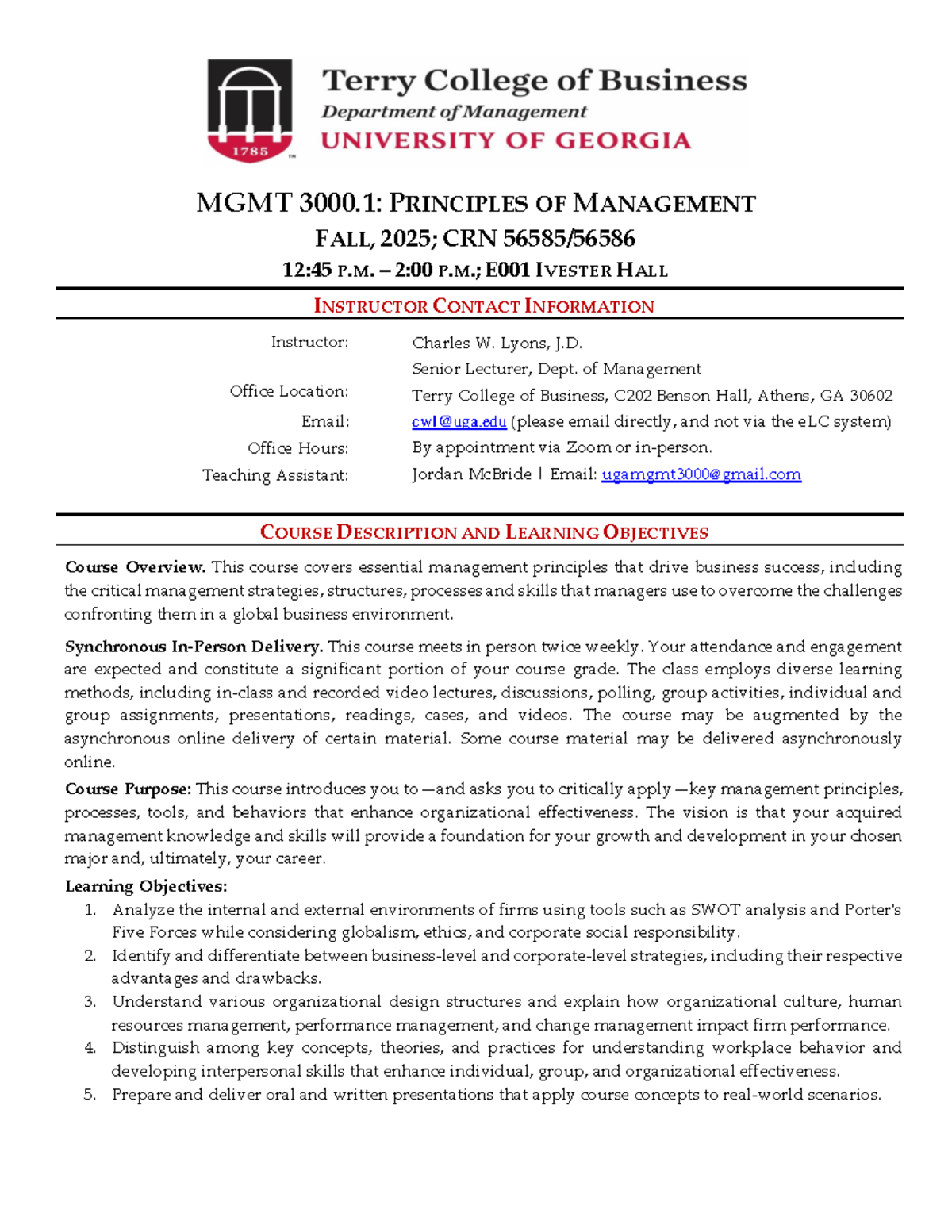 MGMT 3000.1 Principles of Management Syllabus - Fall 2025 - Studocu
