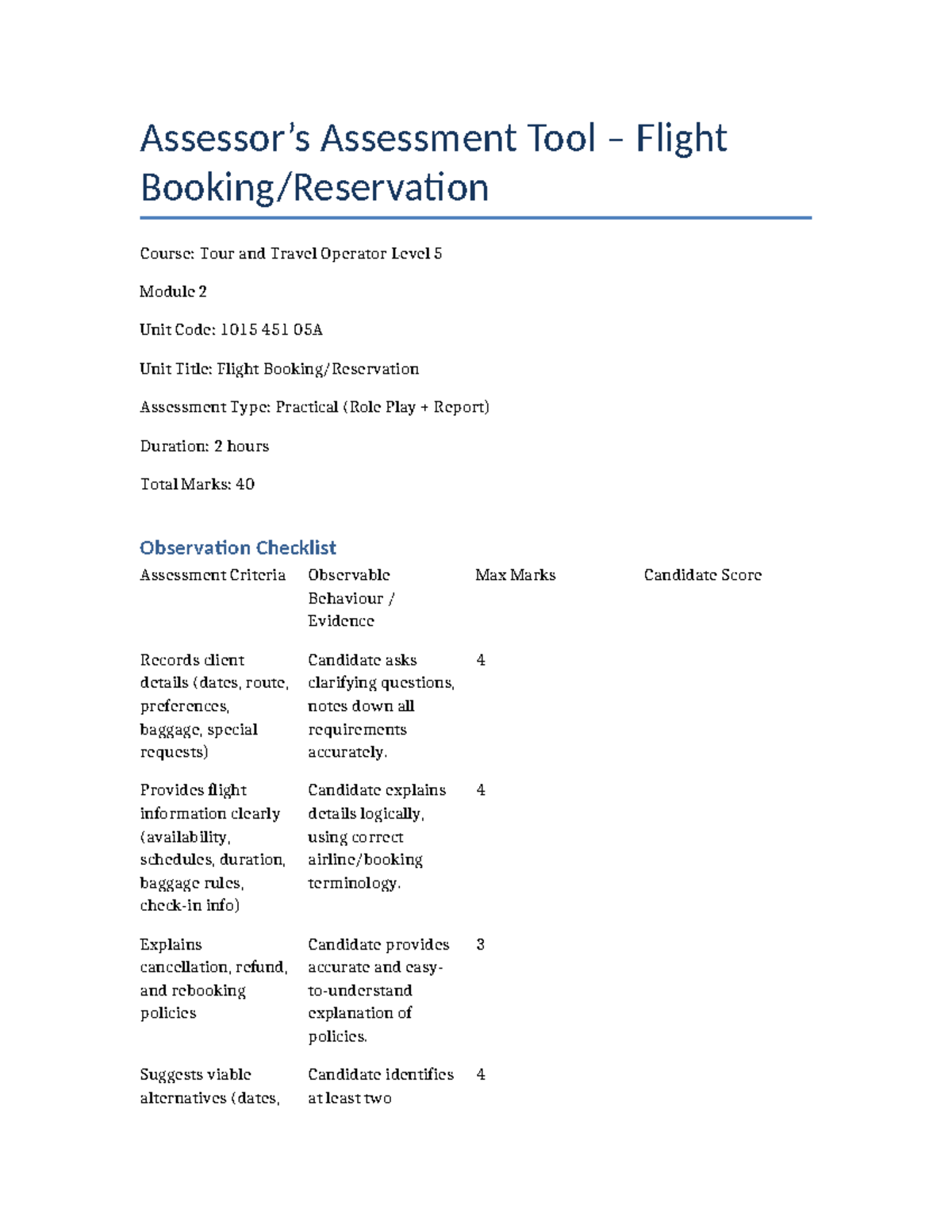 Flight Assessment Tool: Tour & Travel Operator Level 5 (1015 451 05A ...