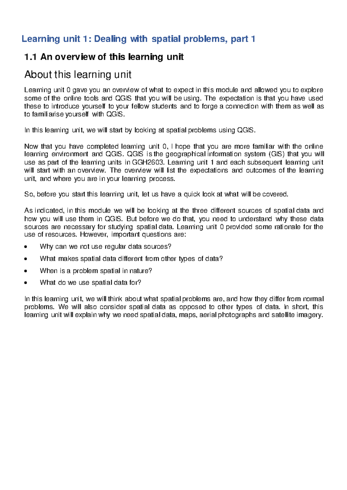 GGH2603 Learning Unit 1: Understanding Spatial Problems with QGIS - Studocu