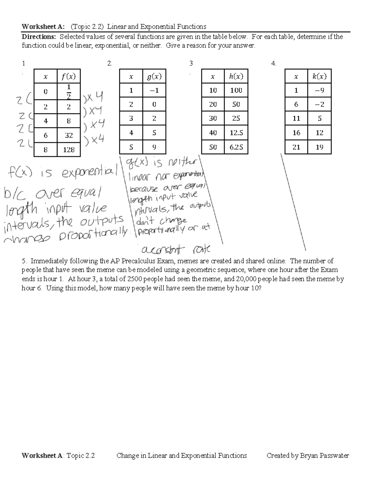 Worksheet A: (AP Precalculus) Linear & Exponential Functions Analysis ...