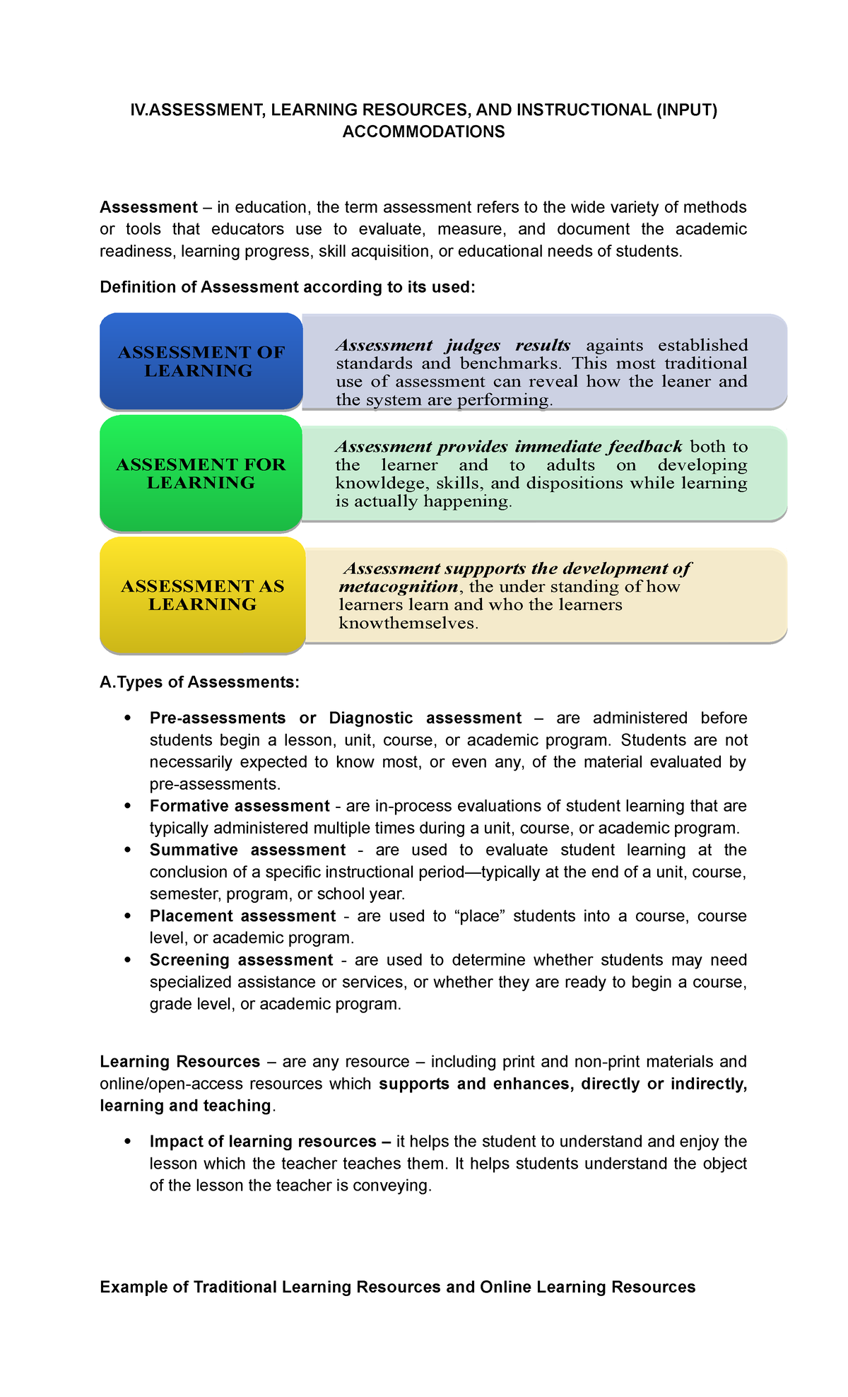 Chapter 4 Types OF Assessments - IV, LEARNING RESOURCES, AND INSTRUCTIONAL (INPUT ...