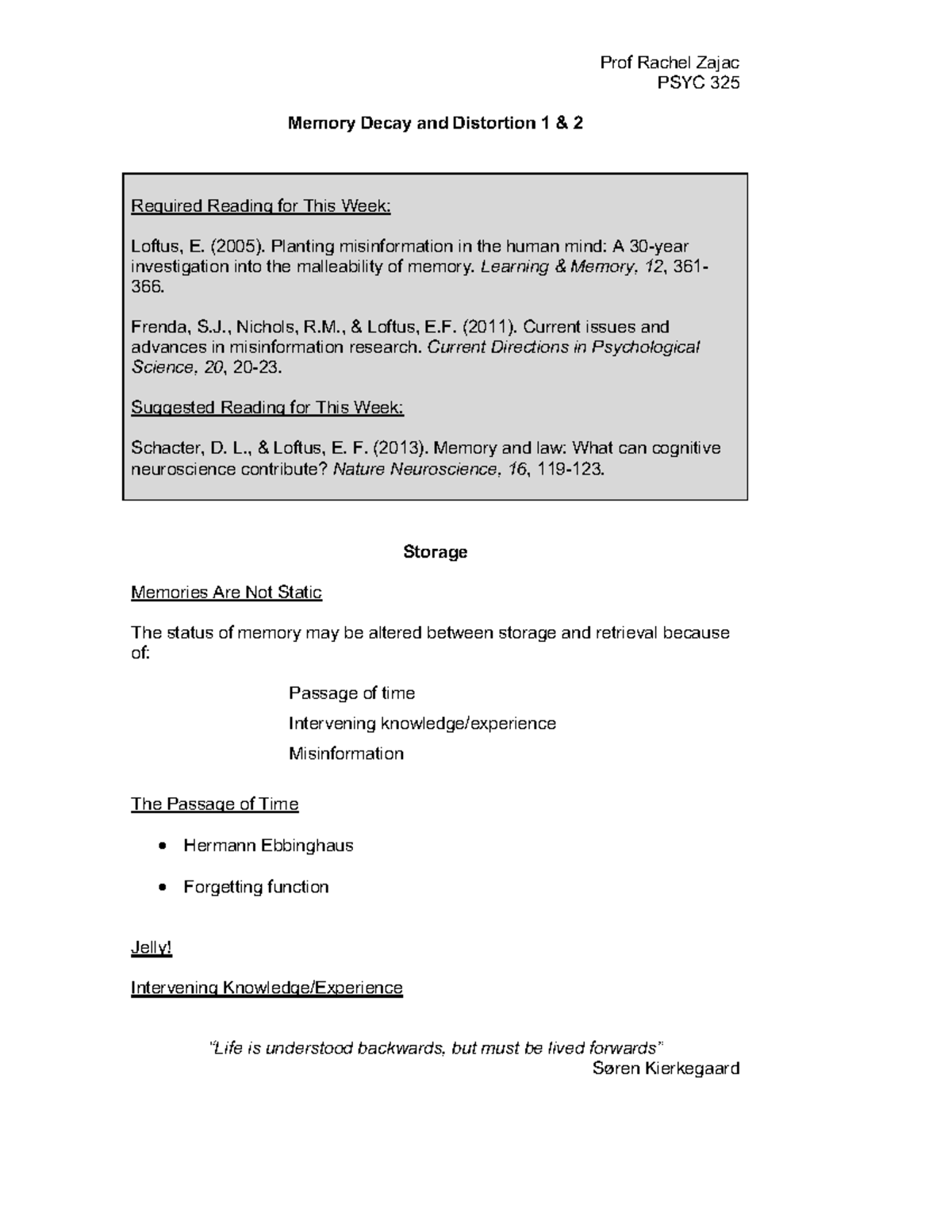 PSYC 325 Lecture Notes: Memory Decay & Distortion Insights - Studocu