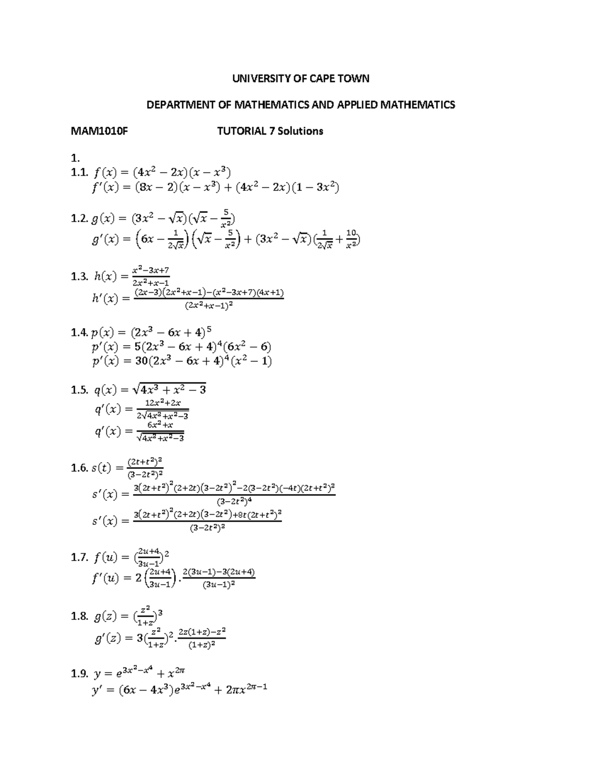 MAM1010F Tutorial 7 Solutions - Detailed Memo for Students - Studocu