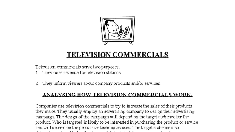 TV Advertisements Analysis Handout: Understanding Commercial Techniques ...