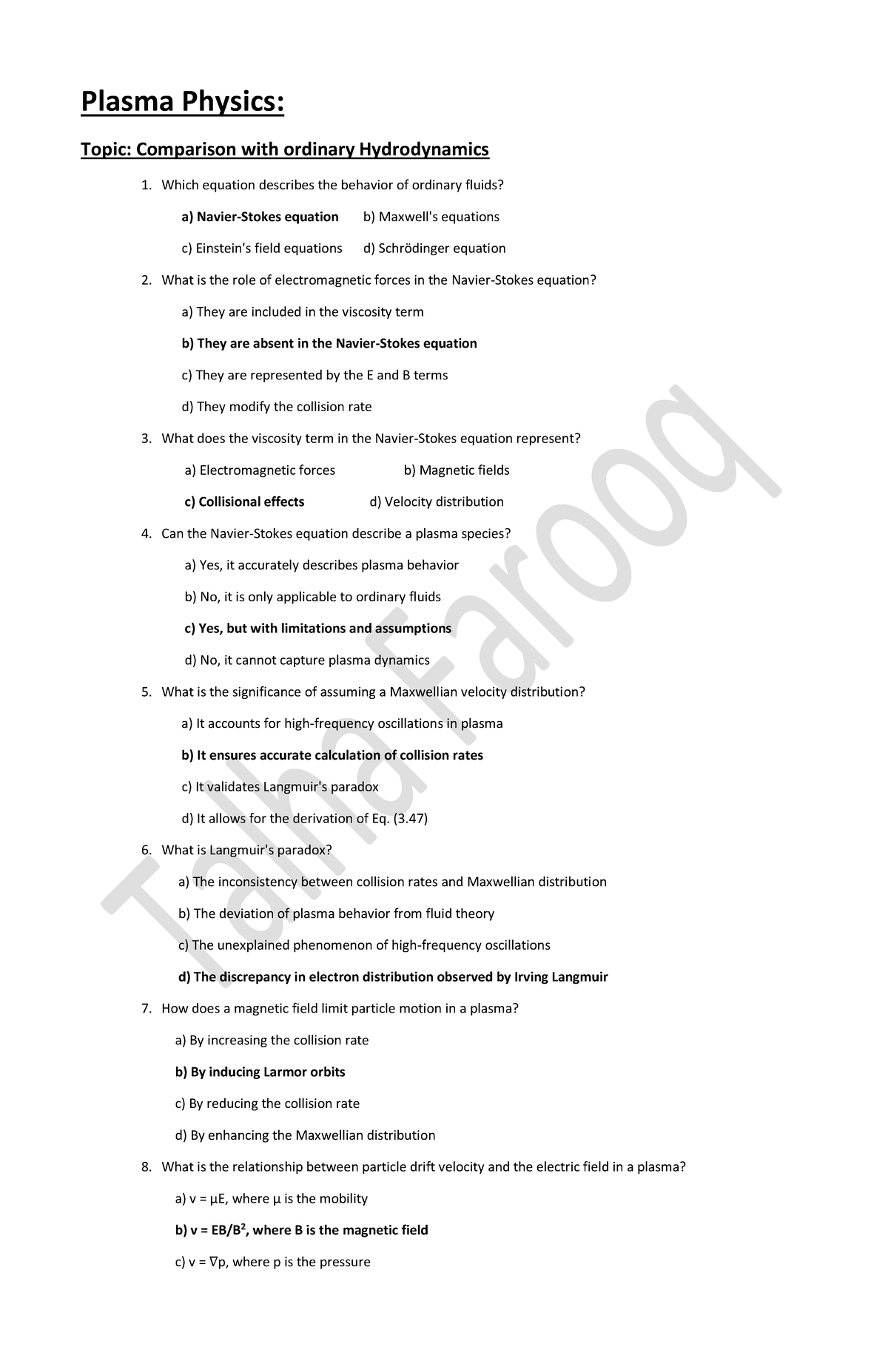 Plasma Physics MCQs 1: Comparison with Hydrodynamics & Equations - Studocu