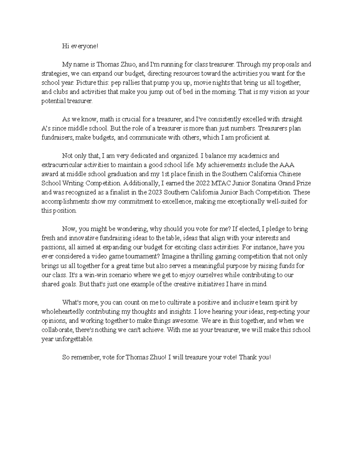 Treasurer Campaign Speech for Class Elections by Thomas Zhuo - Studocu
