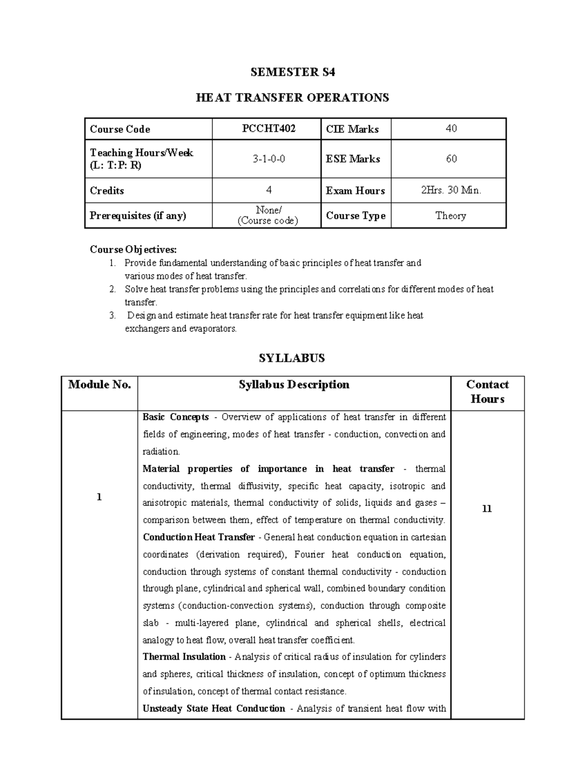 PCCHT402 S4 Heat Transfer Operations Syllabus Overview - Studocu