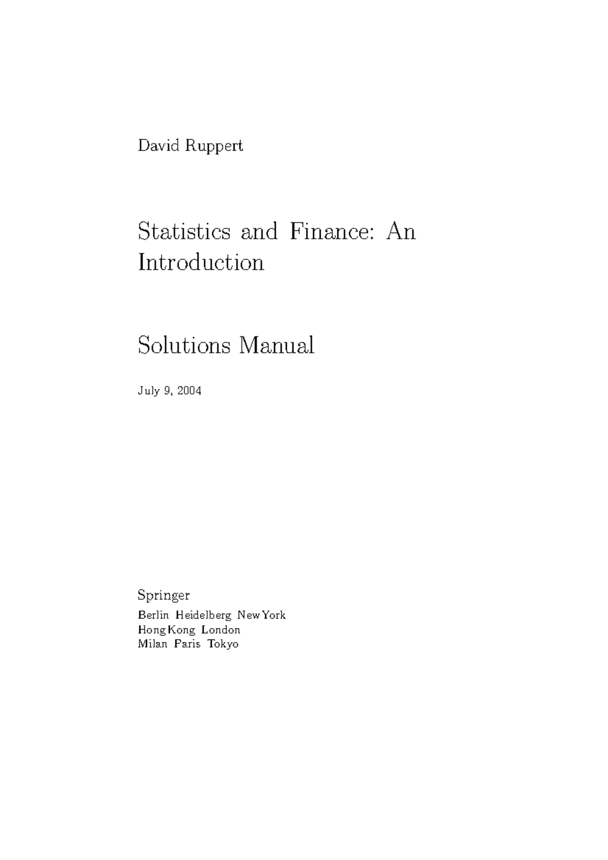 David Ruppert Statistics and Finance: An Intro Solutions Manual - Studocu