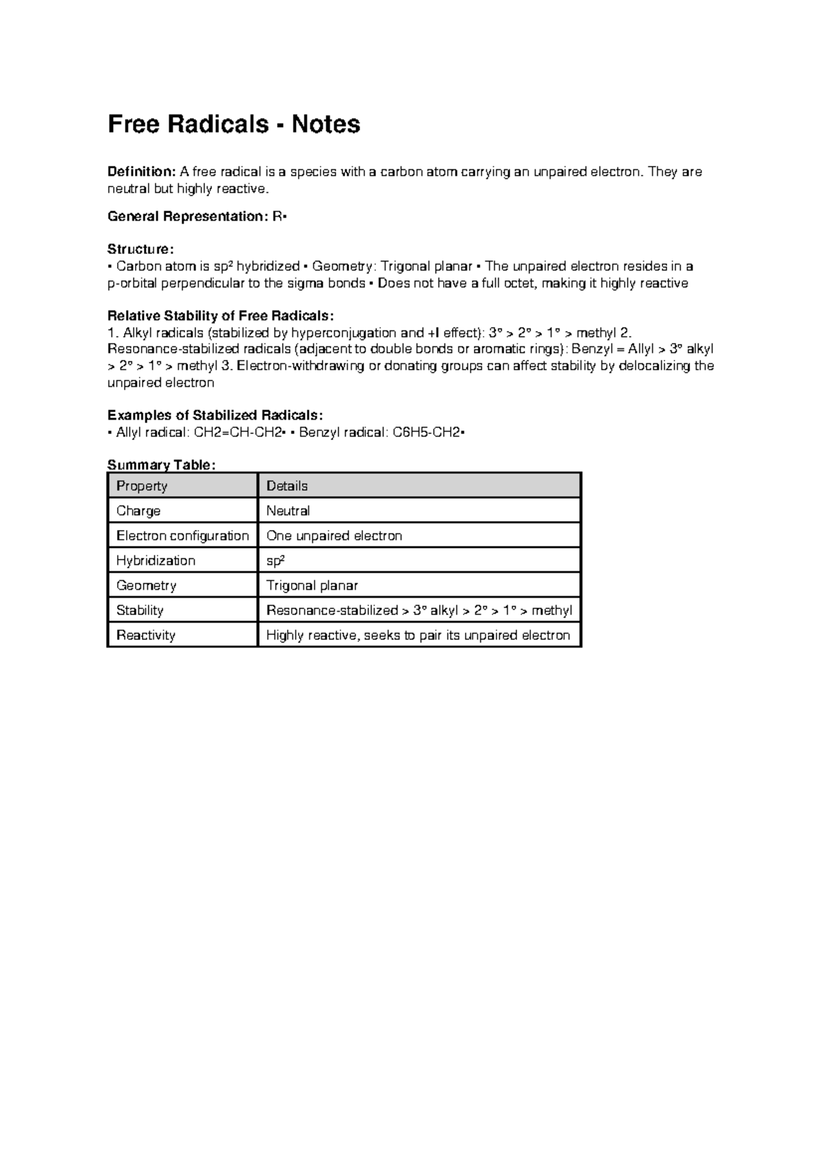 Free Radicals Notes: Definition, Stability, and Examples - Studocu