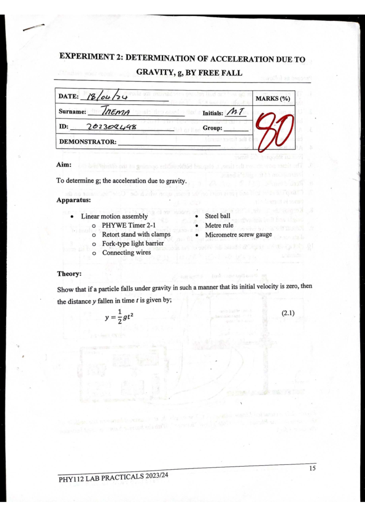 PHY112 Experiment 2: Determining Acceleration Due to Gravity, g - Studocu