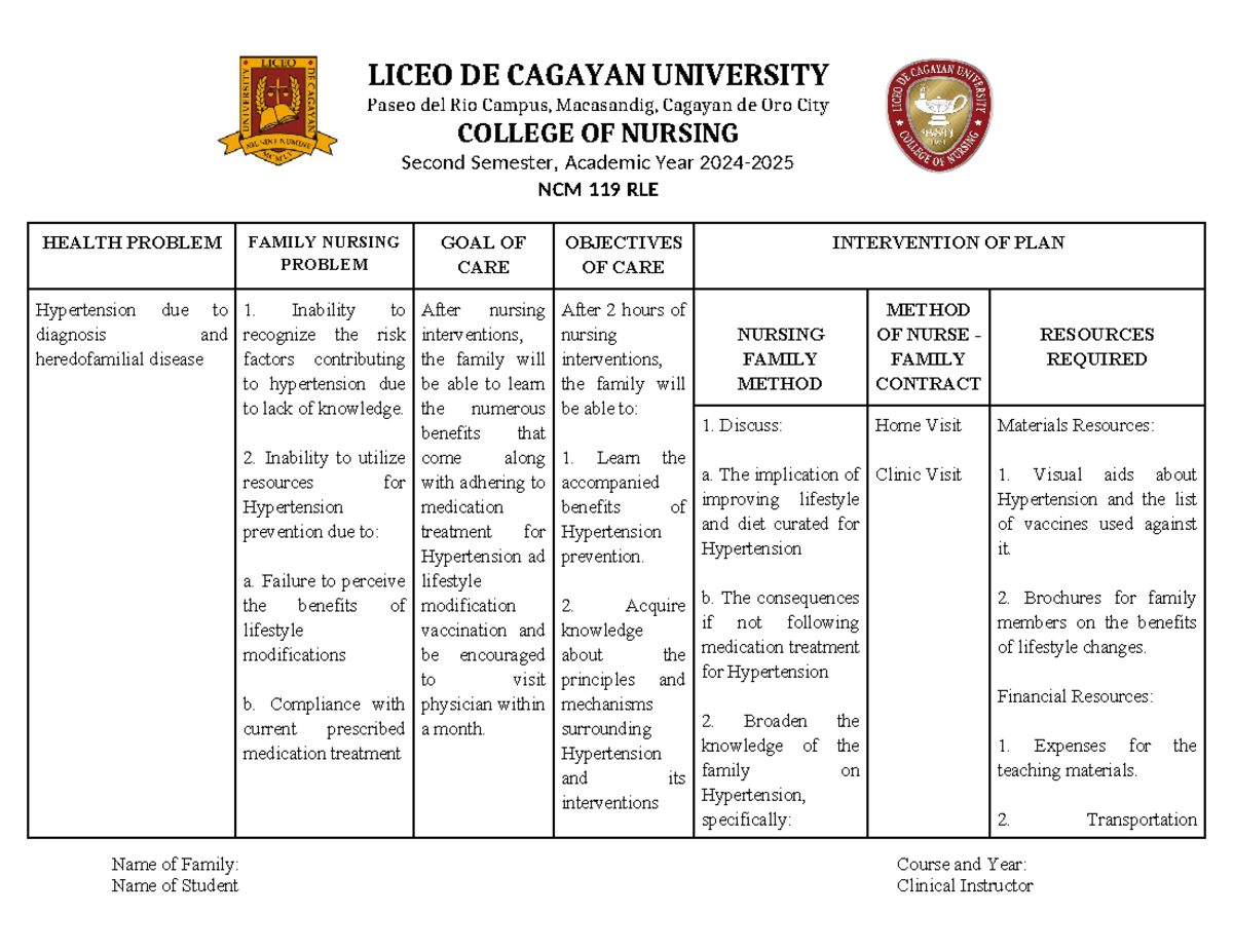 Health Problem Template - Paseo del Rio Campus, Macasandig, Cagayan de ...