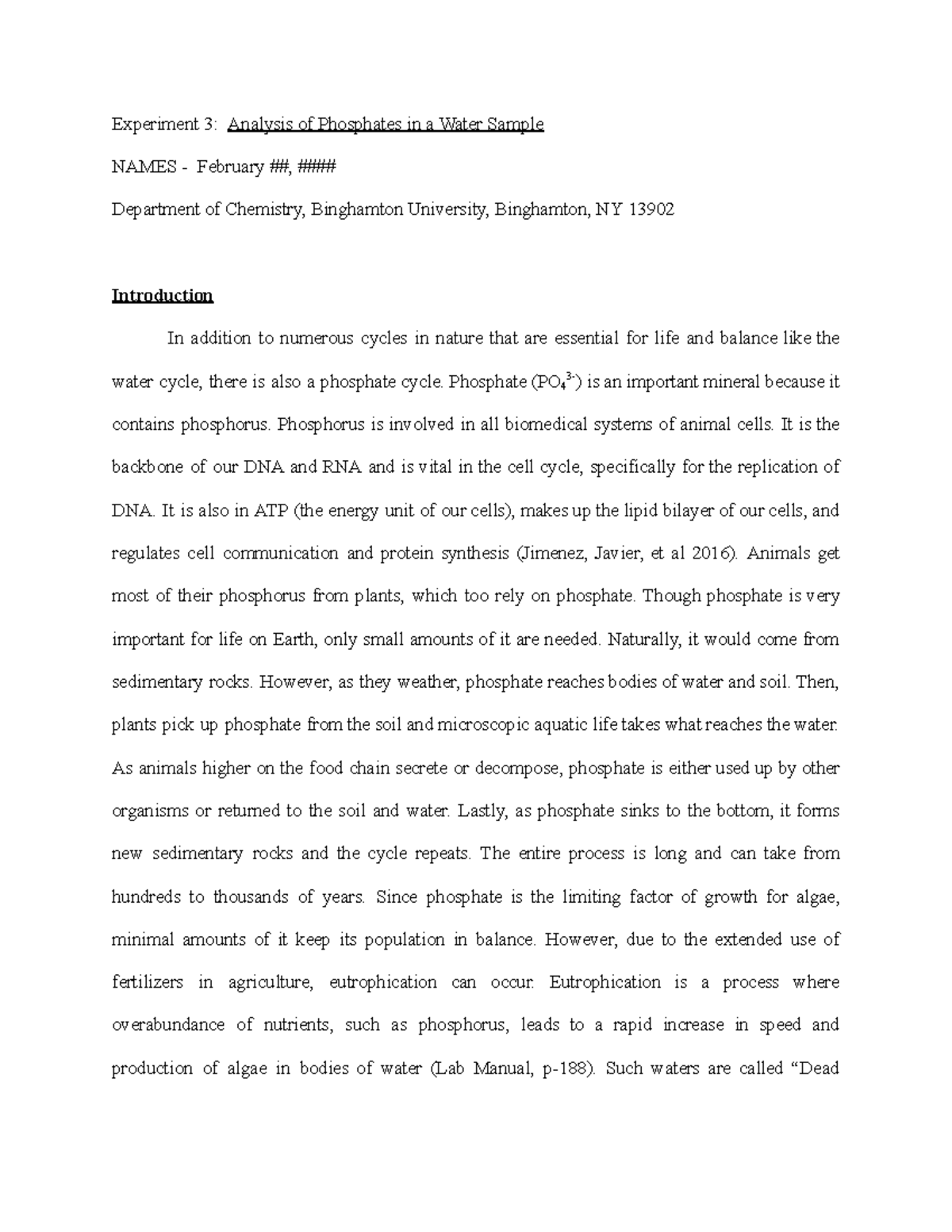 CHEM 106 Lab Report: Analyzing Phosphate Levels in Water Samples - Studocu