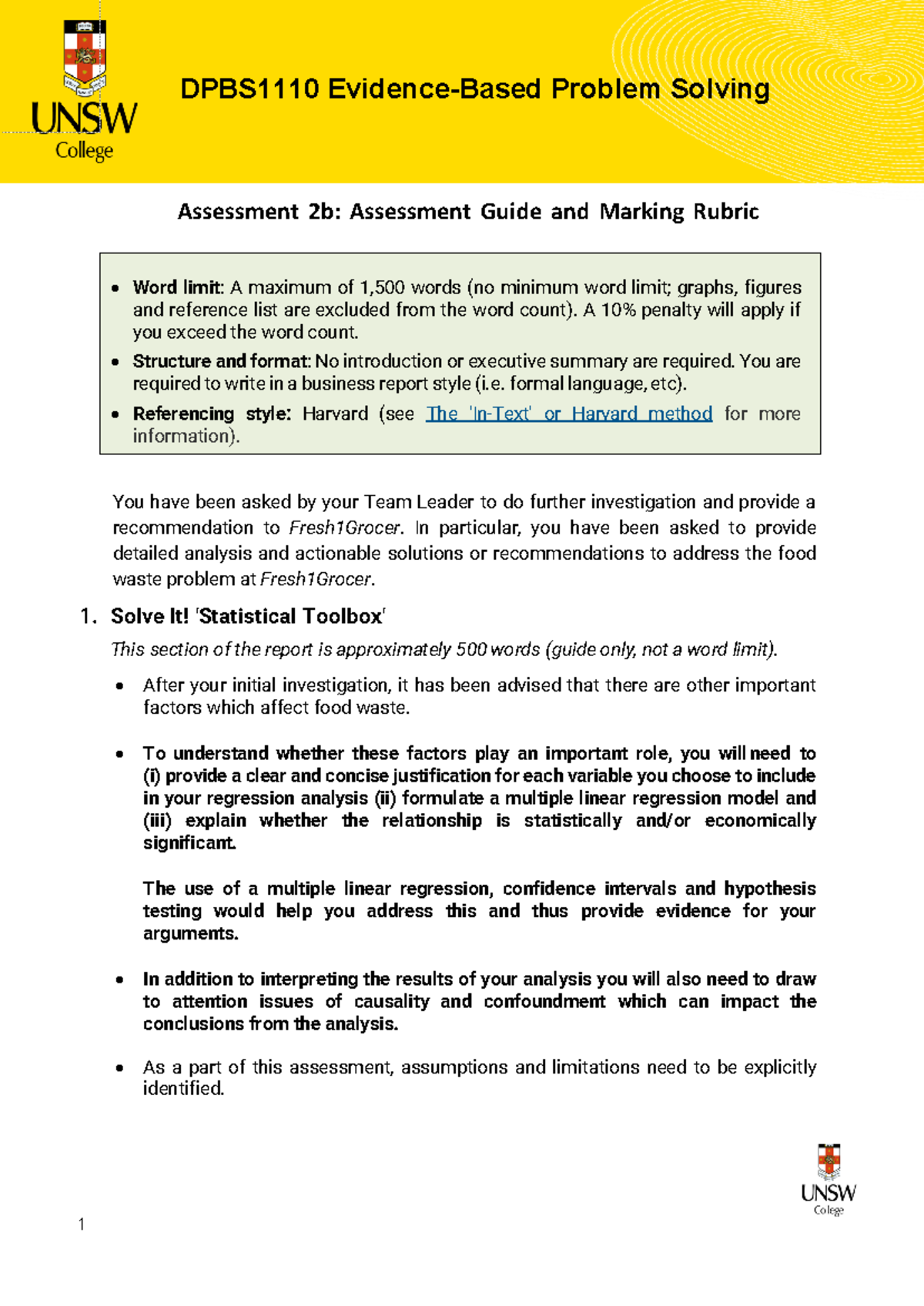 Assessment 2b - 1 DPBS1110 Evidence-Based Problem Solving Assessment 2b: Assessment Guide and ...