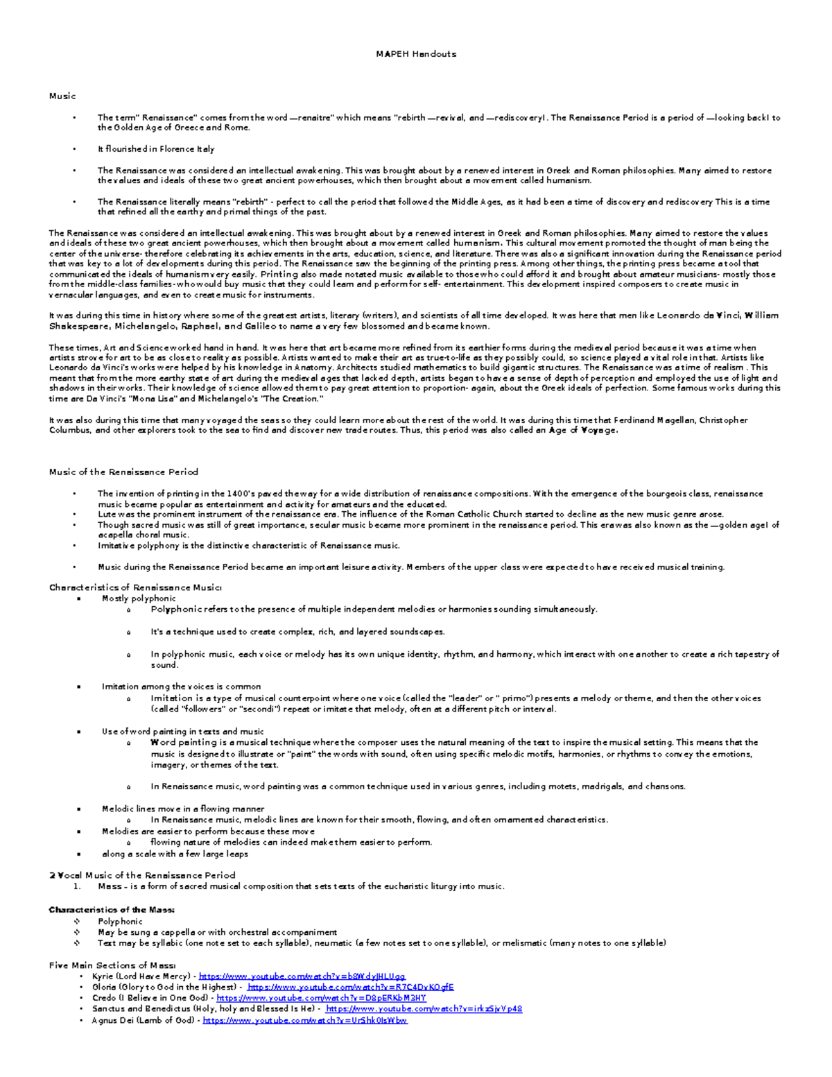 MAPEH 101: Renaissance Music and Arts Overview Handouts - Studocu