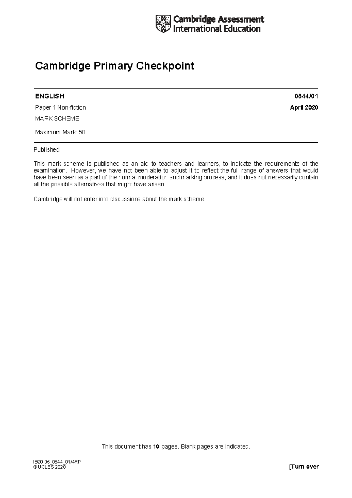 Cambridge Primary Checkpoint ENGLISH Paper 1 Mark Scheme - April 2020 ...
