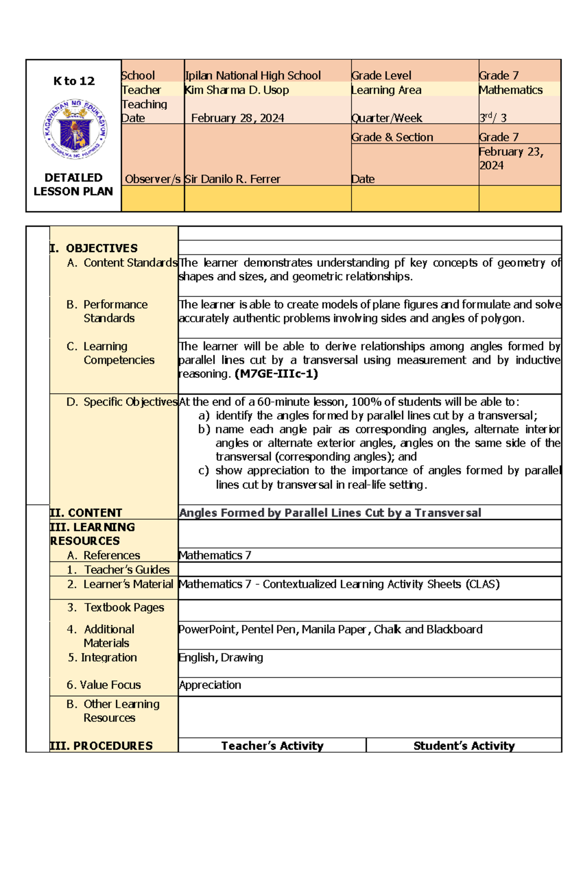 K To 12 Detailed Lesson Plan Format Pdf - Infoupdate.org