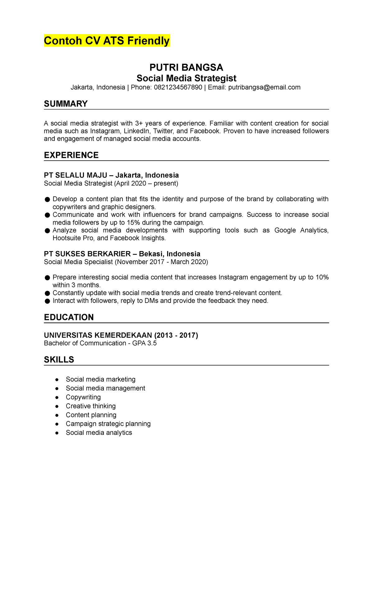 English #1 - CV Template for ATS Optimization - Studocu