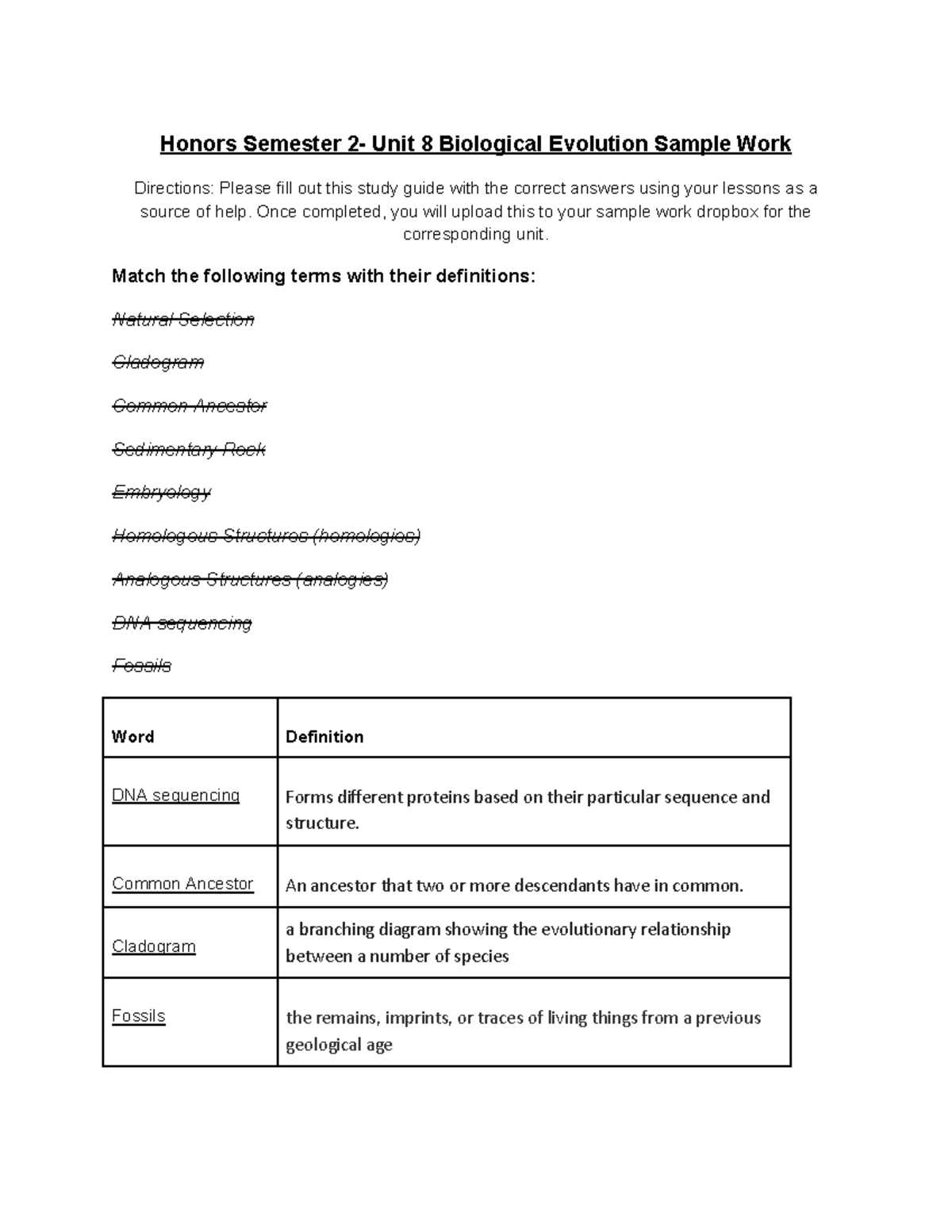 Honors Unit 8 Biological Evolution Study Guide and Sample Work - Studocu