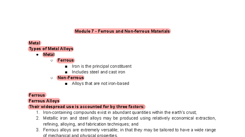 Module 7: Ferrous and Non-Ferrous Metal Alloys Overview - Studocu