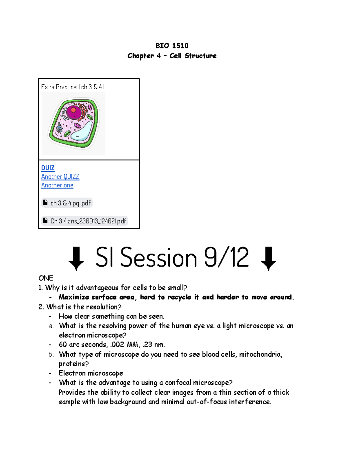 BIO 1510 Chapter 4 - Cell Structure Study Guide & Practice Quiz - Studocu