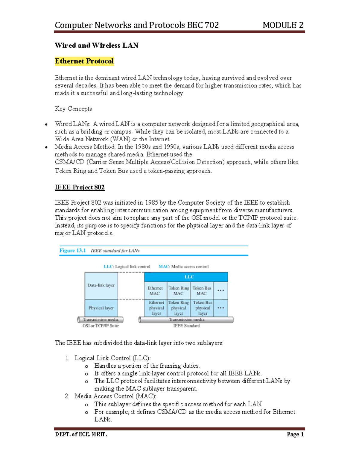 Computer Networks and Protocols BEC 702: Module 2 - Wired & Wireless ...