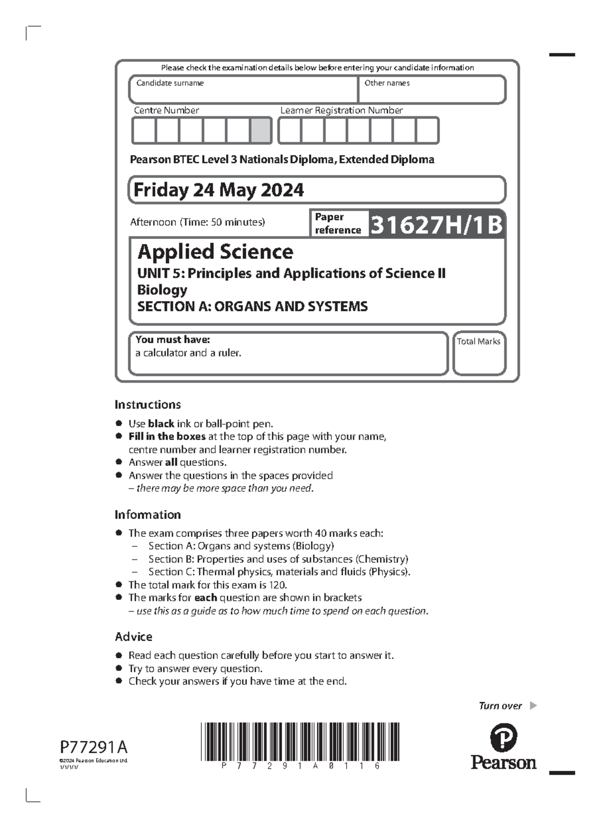 BTEC Applied Science UNIT 5 Biology Past Exam Paper - May 2024 - Studocu