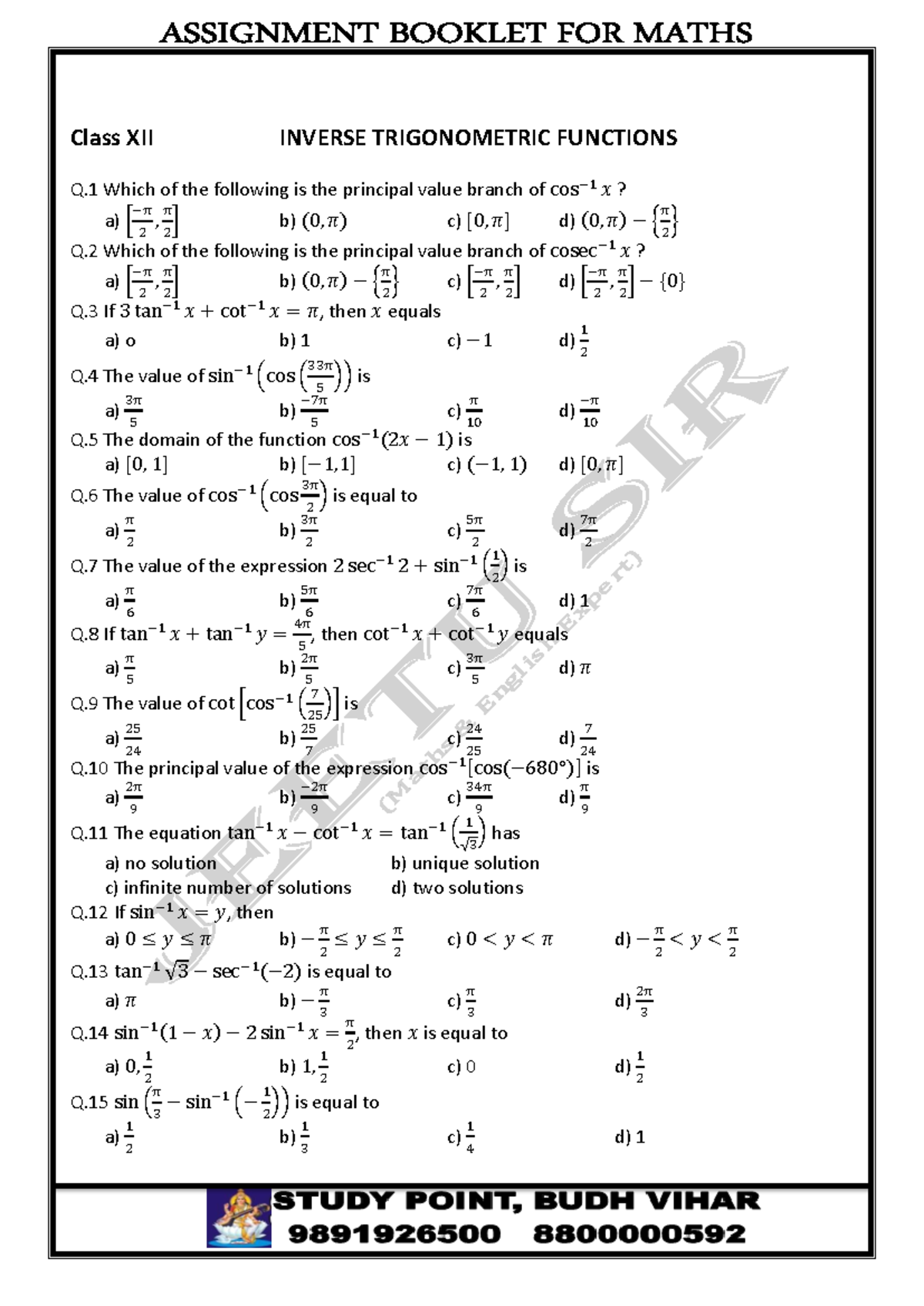 Class XII Inverse Trigonometric Functions - Chapter 2 Notes - Studocu