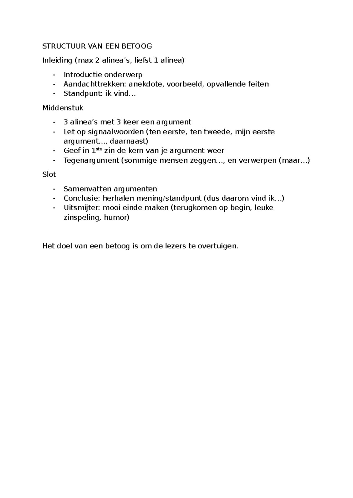 Structuur van een betoog - STRUCTUUR VAN EEN BETOOG Inleiding (max 2 ...