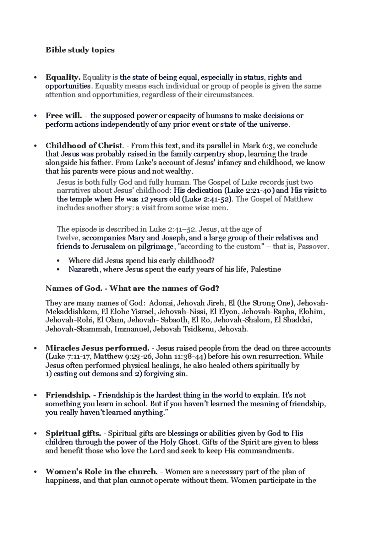 Bible study topics - Bible study topics Equality. Equality is the state ...
