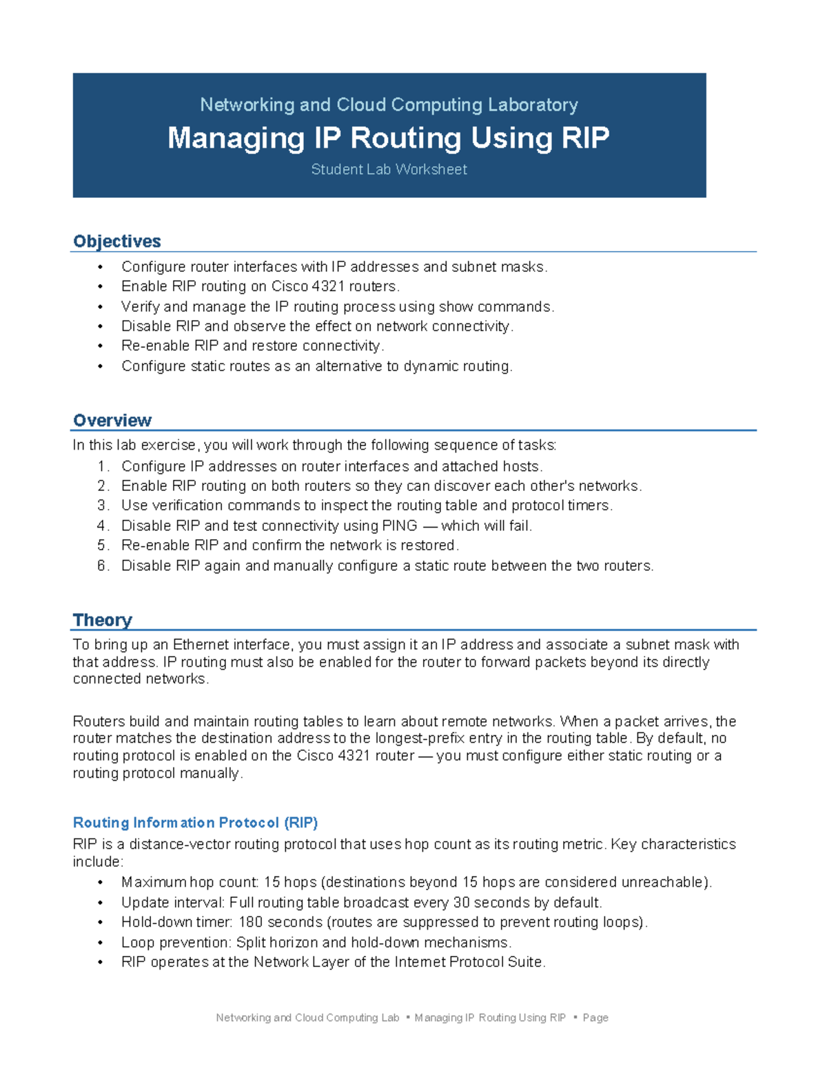 Networking and Cloud Computing Lab: Managing IP Routing with RIP - Studocu