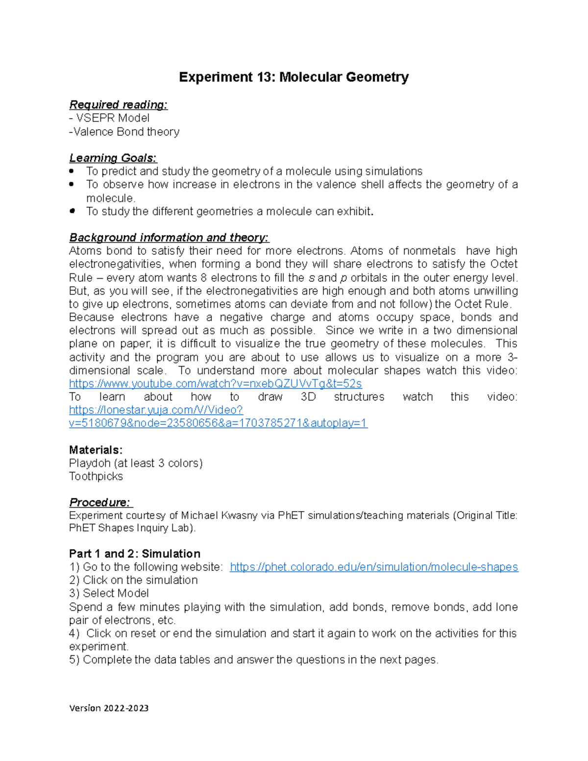 Experiment 13: Molecular Geometry Lab Report 2022-2023 - Studocu