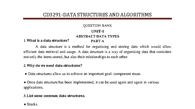 CD3291-DSA Question Bank: Structures and Algorithms Overview - Studocu