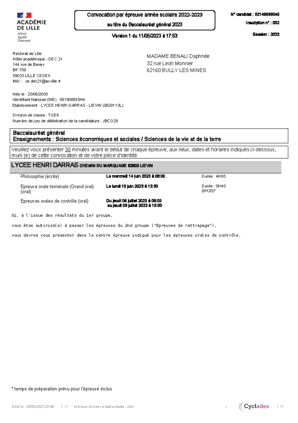 Convocation bac - Edité le : 30/05/2023 23:49 1 /1 Référence Réservée à ...