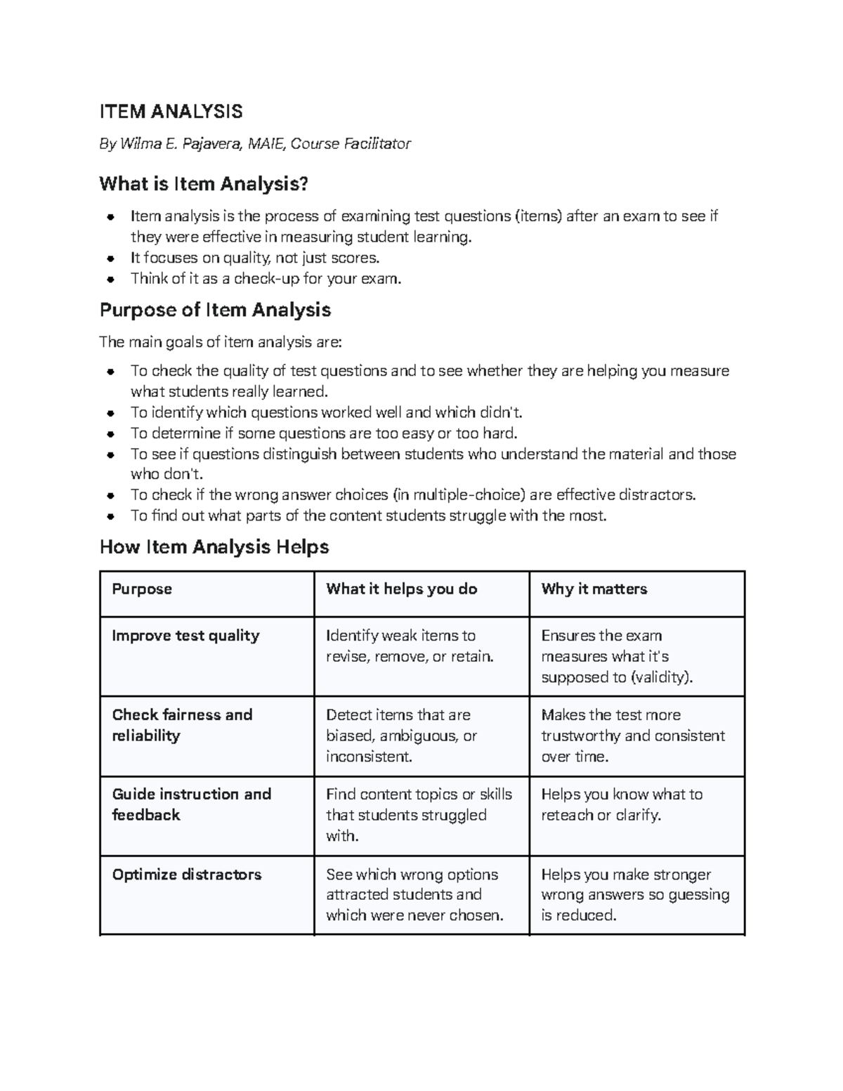 ITEM ANALYSIS: Understanding Test Effectiveness and Quality - Studocu