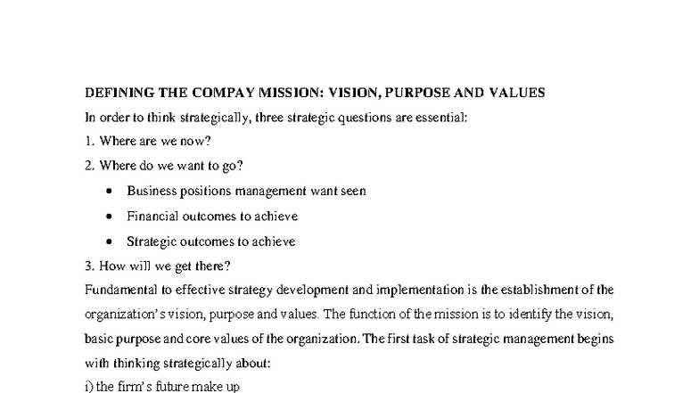 Defining the Company Mission: Vision, Purpose & Values Analysis - Studocu