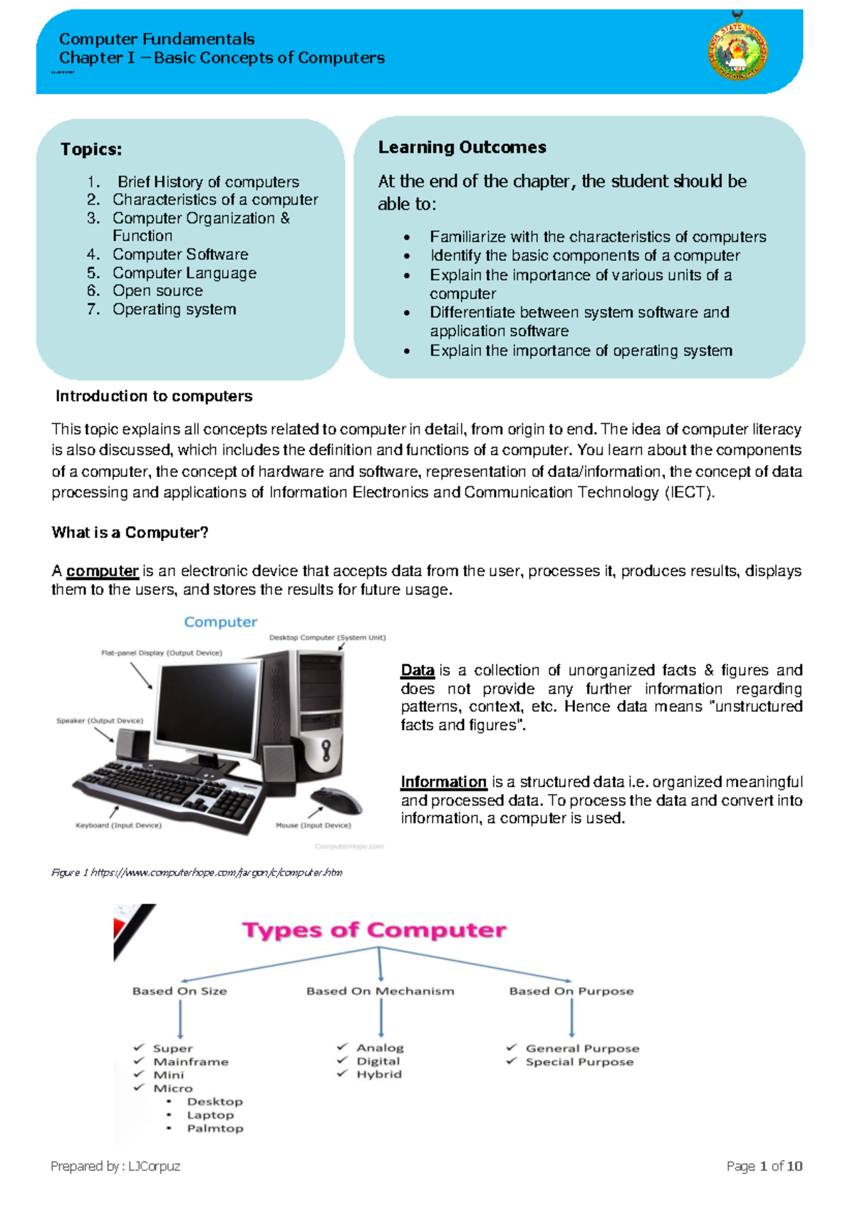 Chapter I - Concepts of Computers - Prepared by: LJCorpuz Page 1 of 10 ...