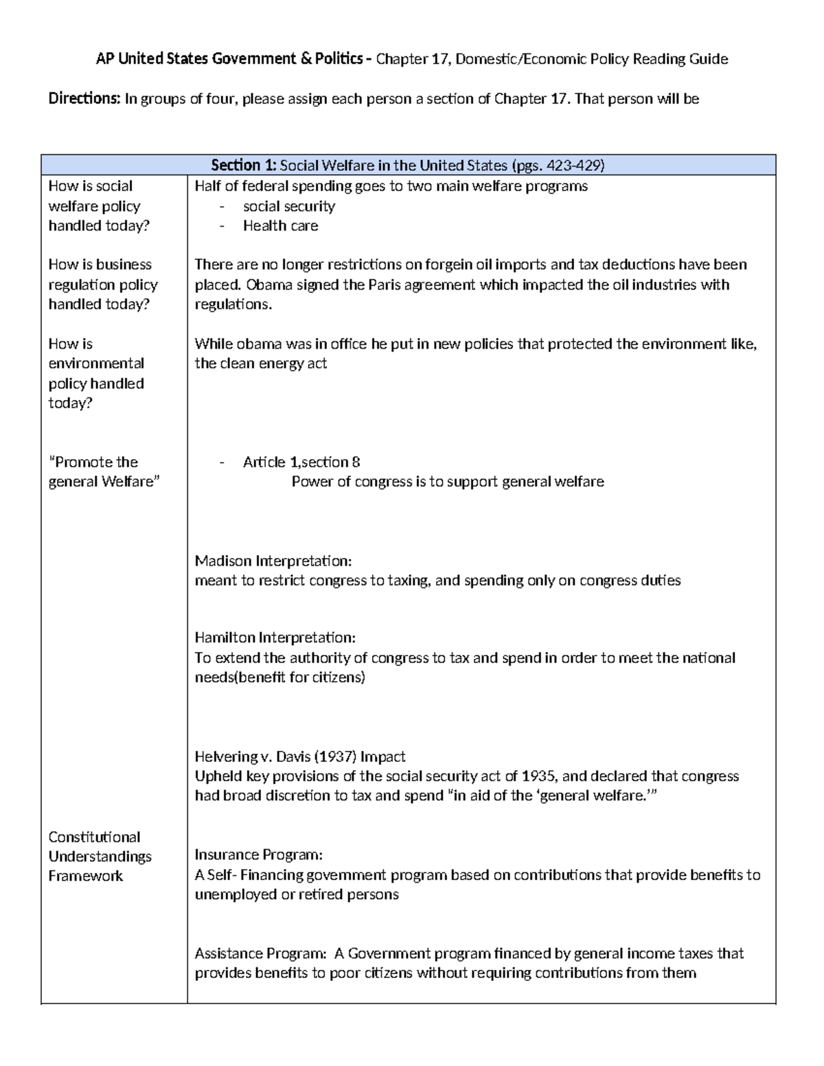 AP US Gov & Pol - Chapter 17 Domestic/Economic Policy Reading Guide ...