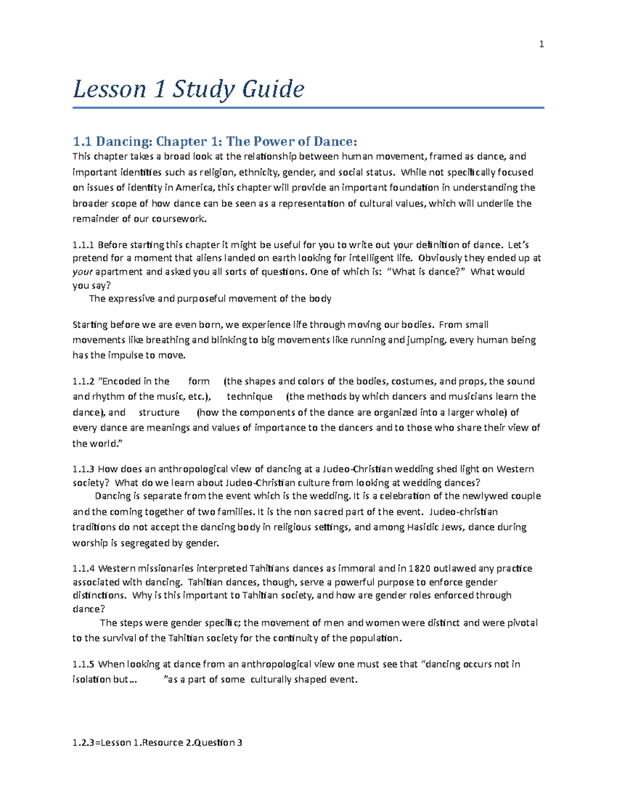 Lesson 1 DOC Study Guide-1-1 - Lesson 1 Study Guide 1 Dancing: Chapter ...