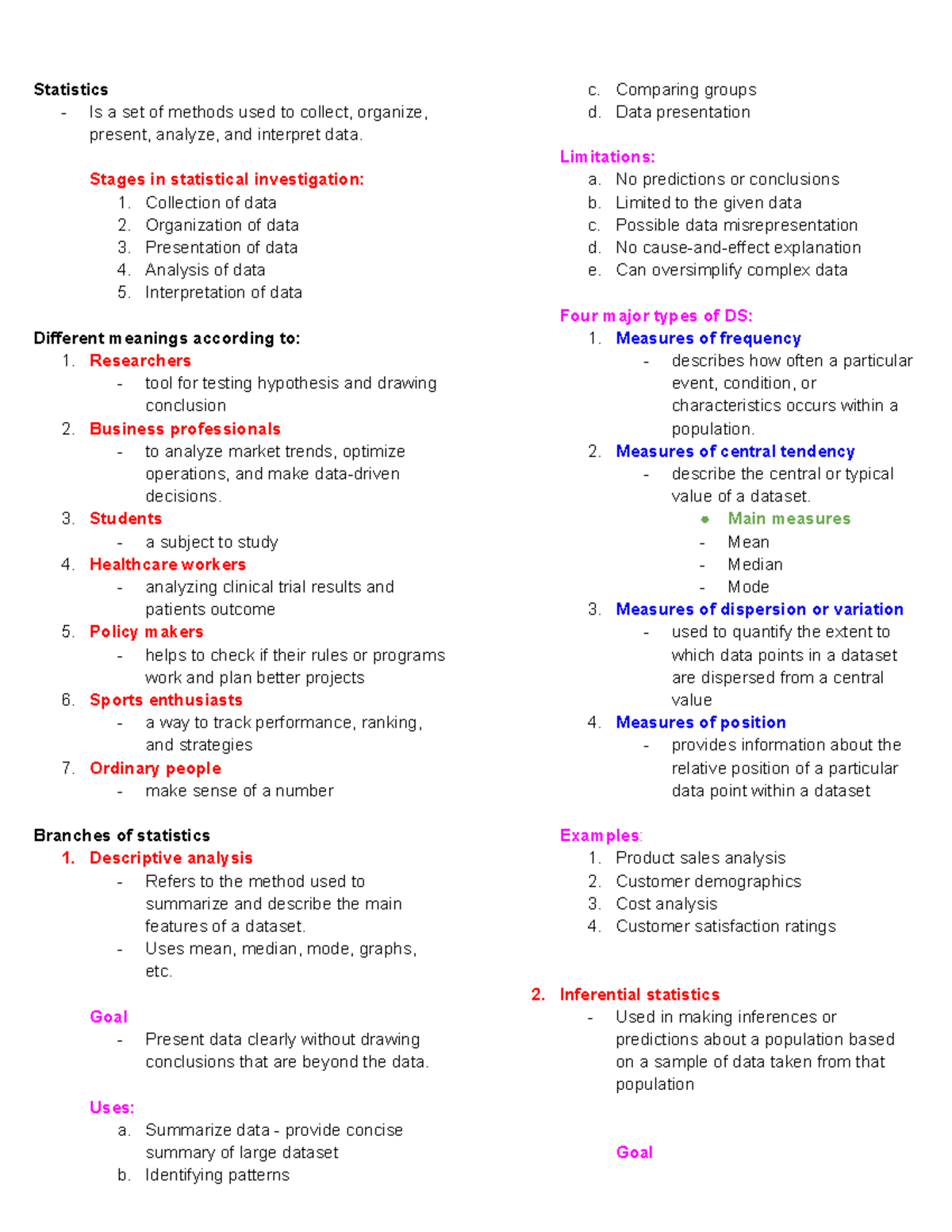 Statistical Analysis (STAT101): Terms, Types, and Applications - Studocu