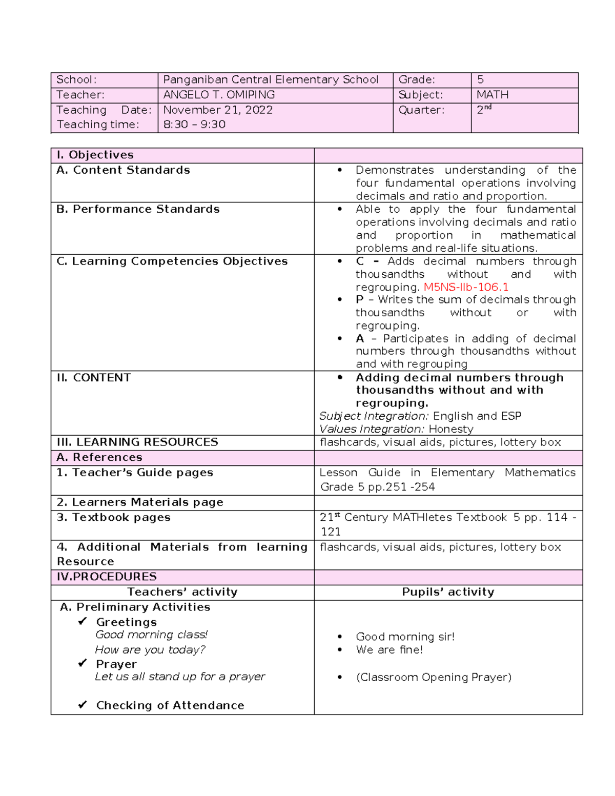 DLP Math 5 - Comprehensive Lesson Plan for Adding Decimals - Studocu