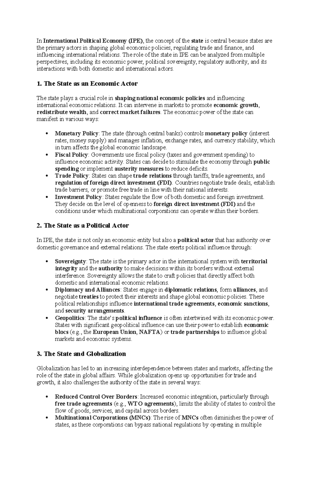 State and Its Role in International Political Economy (IPE) - Studocu