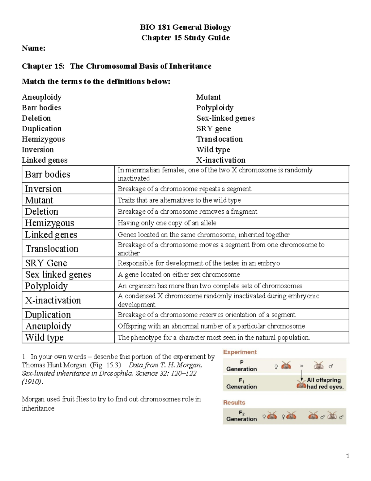 Chapter 15 study guide - BIO 181 General Biology Chapter 15 Study Guide Name: Chapter 15: The ...
