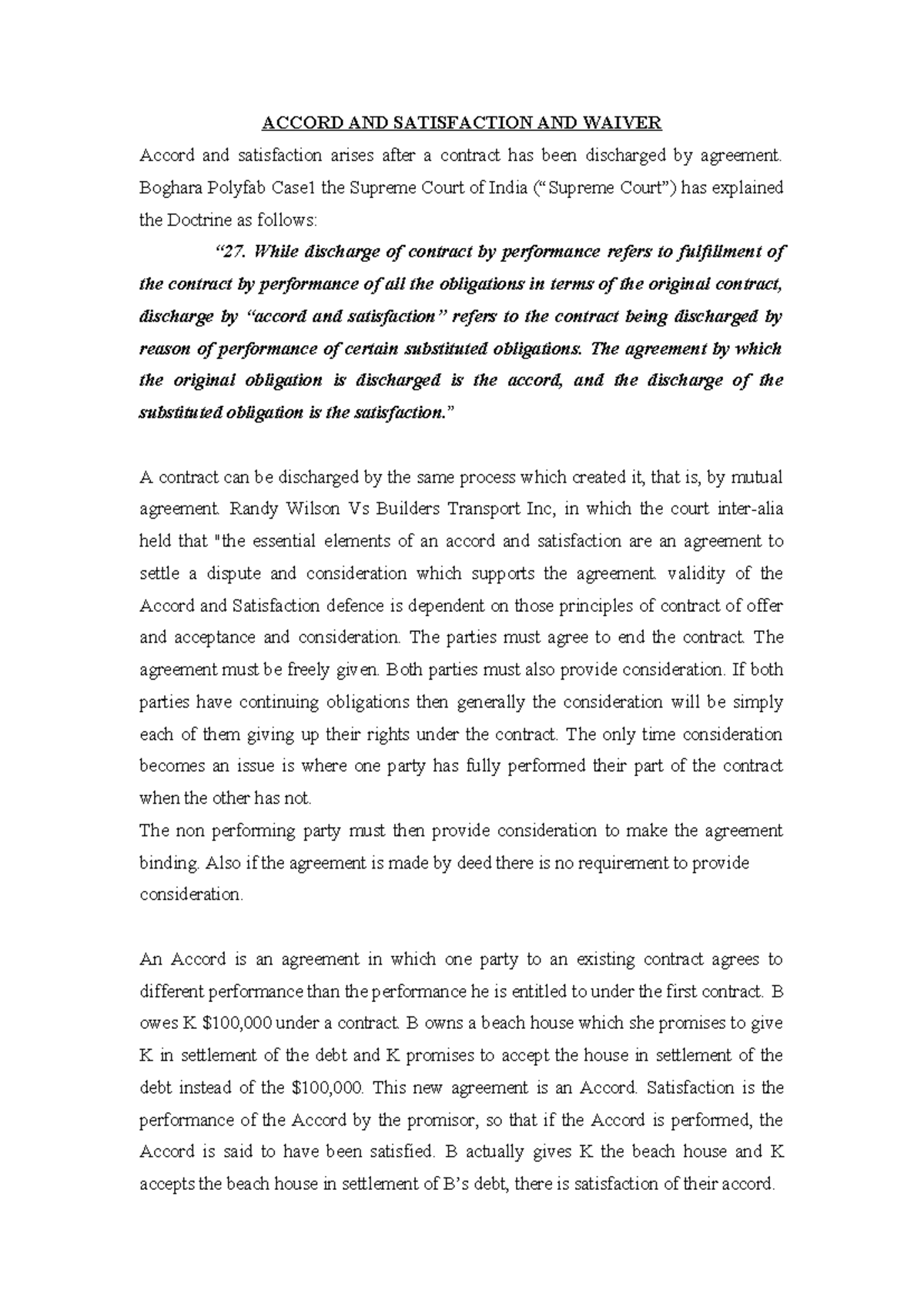 Accord, Satisfaction, and Waiver: Contract Discharge Principles - Studocu